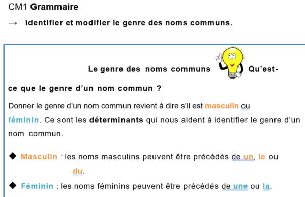 CM1 Grammaire : identifier et modifier le genre et le nombre des noms ...