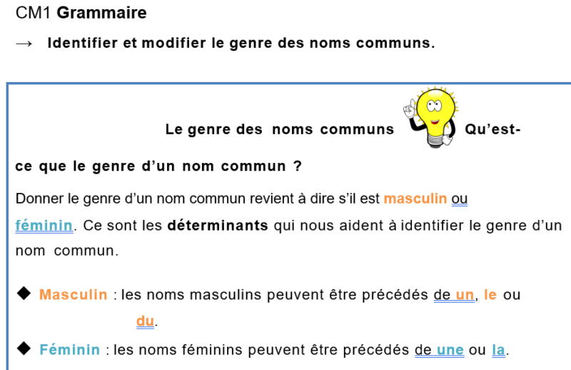 CM1 Grammaire : identifier et modifier le genre et le nombre des noms ...