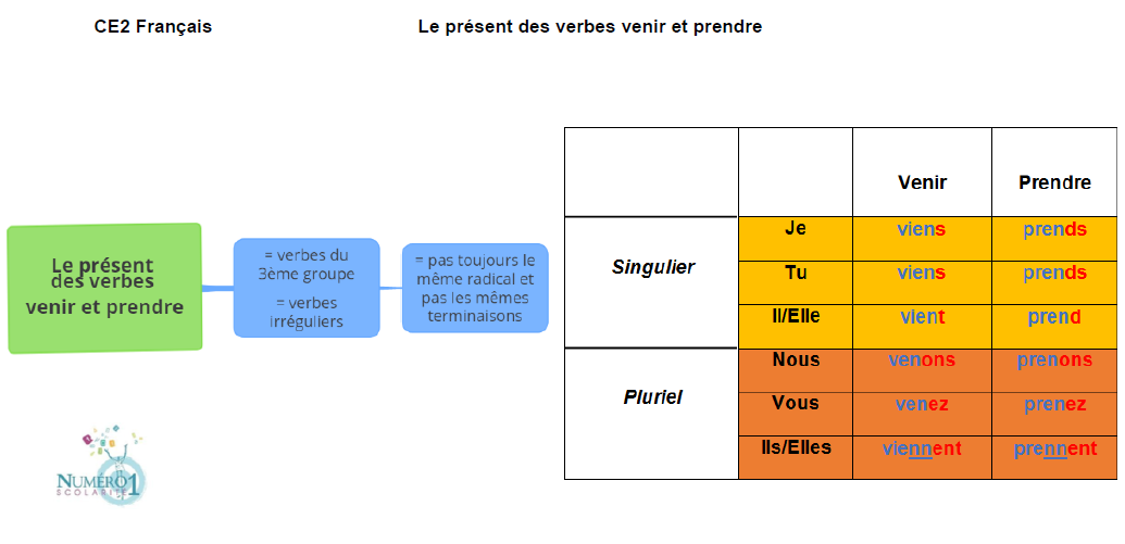 Le présent des verbes venir et prendre : leçon et exercices CE2